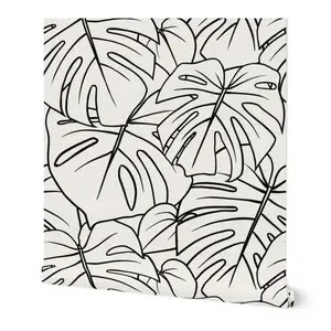 Spoonflower Monstera Black White Plants Leaf Illustration 100% Natural Sisal Grasscloth Wallcovering - Black,white
