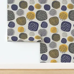 Spoonflower Blue Yellow Grey Dot Abstract Navy Custom Pre-pasted Wallpaper