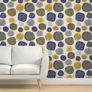 Spoonflower Blue Yellow Grey Dot Abstract Navy Custom Pre-pasted Wallpaper