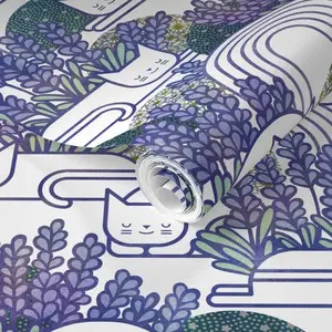 Spoonflower Lavender Field Cats Cat Garden Pets Floral Pet Custom Pre-pasted Wallpaper - Blue,white