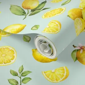 Spoonflower Fruit Citrus Summer Beach Food Lemons Custom Pre-pasted Wallpaper - Yellow,green,mint