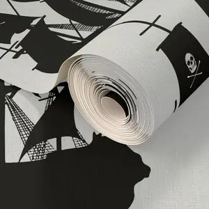 Spoonflower Pirate Ship On Grey 100% Natural Sisal Grasscloth Wallcovering - Black,gray