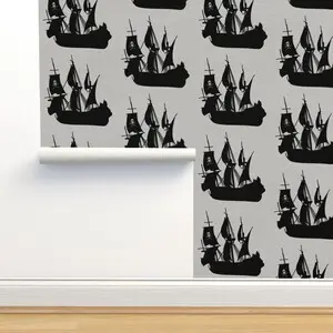 Spoonflower Pirate Ship On Grey 100% Natural Sisal Grasscloth Wallcovering