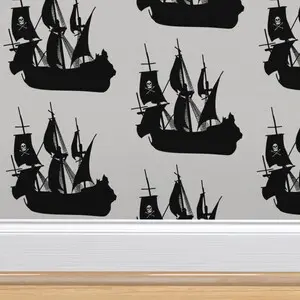 Spoonflower Pirate Ship On Grey 100% Natural Sisal Grasscloth Wallcovering