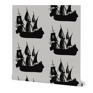 Spoonflower Pirate Ship On Grey 100% Natural Sisal Grasscloth Wallcovering