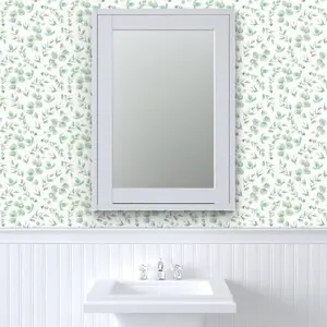 Spoonflower Nursery Eucalyptus Watercolor Leaf Leaves Custom Pre-pasted Wallpaper - Green