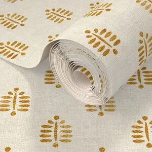 Spoonflower Floral Trendy Stamp Bohemian Boho Block Print 100% Natural Sisal Grasscloth Wallcovering - Gold,yellow