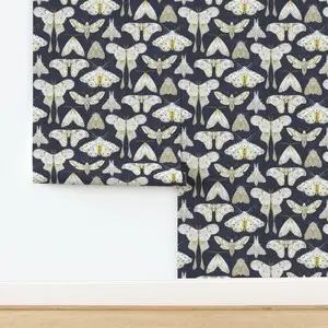 Spoonflower Moth Midnight Butterflies Animals Insects Custom Pre-pasted Wallpaper