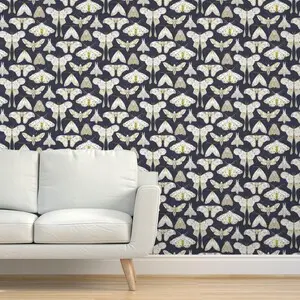 Spoonflower Moth Midnight Butterflies Animals Insects Custom Pre-pasted Wallpaper