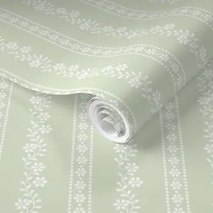 Spoonflower Flowers Floral Stripes Spring Summer Swedish Custom Pre-pasted Wallpaper - Green
