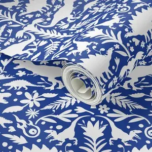 Spoonflower Dinosaur Dino Jurassic Otomi Mexico Mexican Folk Custom Removable Wallpaper - Blue