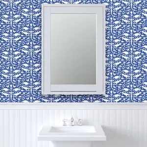 Spoonflower Dinosaur Dino Jurassic Otomi Mexico Mexican Folk Custom Removable Wallpaper - Blue