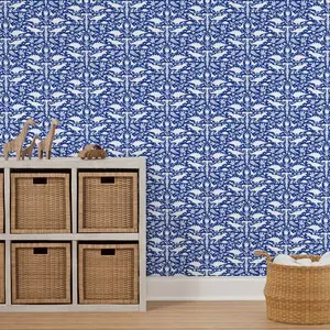 Spoonflower Dinosaur Dino Jurassic Otomi Mexico Mexican Folk Custom Removable Wallpaper - Blue