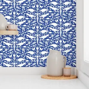 Spoonflower Dinosaur Dino Jurassic Otomi Mexico Mexican Folk Custom Removable Wallpaper - Blue