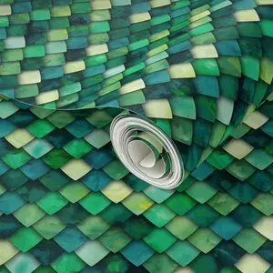 Spoonflower Dragon Scales Green Multi Scale Trendy Mermaid Custom Removable Wallpaper - Green,blue,sage