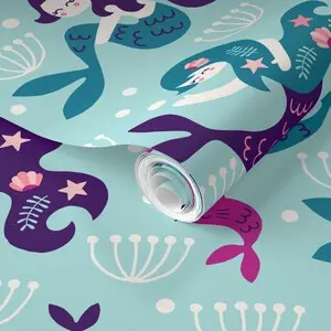 Spoonflower Mermaids Purple Mermaid Cats Ocean Starfish Custom Removable Wallpaper - Blue,purple,gray