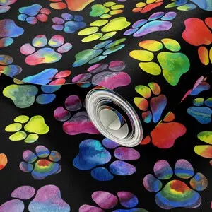 Spoonflower Watercolor Paw Print Prints Colorful Pets Custom Pre-pasted Wallpaper - Rainbow