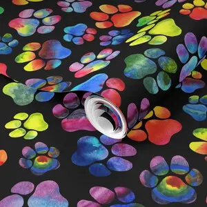 Spoonflower Rainbow Watercolor Paw Print Prints Colorful Pets Custom Pre-pasted Wallpaper Rainbow