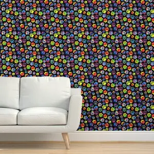 Spoonflower Watercolor Paw Print Prints Colorful Pets Custom Pre-pasted Wallpaper - Rainbow