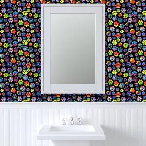 Spoonflower Watercolor Paw Print Prints Colorful Pets Custom Pre-pasted Wallpaper - Rainbow