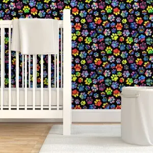 Spoonflower Watercolor Paw Print Prints Colorful Pets Custom Pre-pasted Wallpaper - Rainbow
