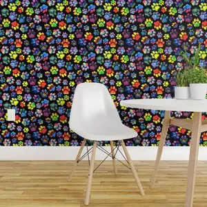 Spoonflower Watercolor Paw Print Prints Colorful Pets Custom Pre-pasted Wallpaper - Rainbow