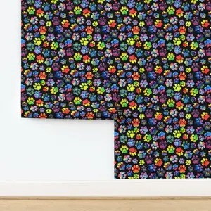 Spoonflower Watercolor Paw Print Prints Colorful Pets Custom Pre-pasted Wallpaper - Rainbow