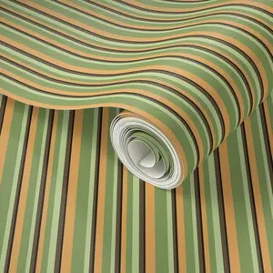 Spoonflower Stripe Green Gold Stripes Traditional Wallpaper - Green,brown,orange