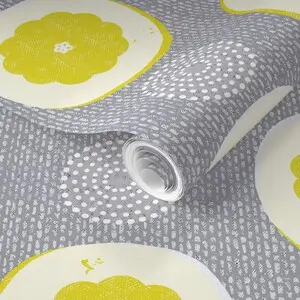 Spoonflower Gray Lemonade Lemons Summer Dots Circles 1970s Mid Custom Removable Wallpaper - Gray,yellow,white