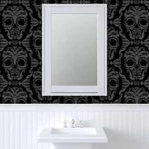 Spoonflower Skulls Black Gray Halloween Skull Victorian Damask Traditional Wallpaper - Black,gray