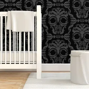 Spoonflower Skulls Black Gray Halloween Skull Victorian Damask Traditional Wallpaper - Black,gray