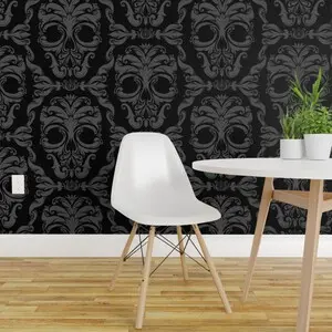 Spoonflower Skulls Black Gray Halloween Skull Victorian Damask Traditional Wallpaper - Black,gray