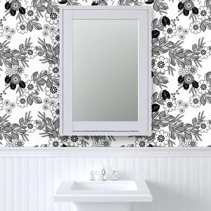 Spoonflower Black White Floral Coloring Book Vintage Custom Removable Wallpaper - Black,white,gray