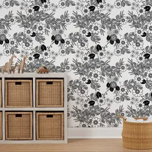 Spoonflower Black White Floral Coloring Book Vintage Custom Removable Wallpaper - Black,white,gray
