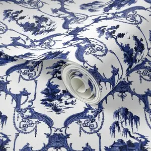 Spoonflower Blue Asian Antique Victorian Navy Damask And Custom Pre-pasted Wallpaper - Blue,white