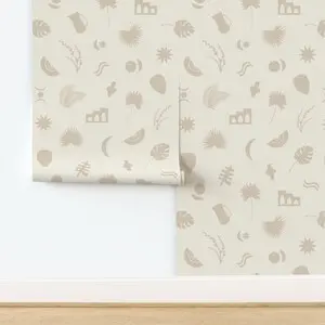 Spoonflower Taupe Bohemian Gender Neutral Celestial Neutrals Custom Pre-pasted Wallpaper