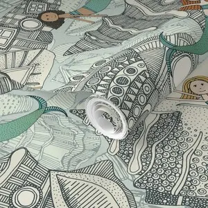 Spoonflower Little Mermaids Big Shells Blue Fantasy Traditional Wallpaper - Blue,white,green