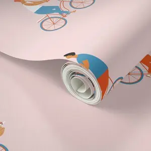 Spoonflower Pink Happy Cartoon Summer Bicycle Cycling Bike Custom Removable Wallpaper Pink,beige,gray
