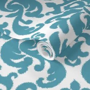 Spoonflower Blue Teal Floral Damask Ikat Traditional Wallpaper - Blue,white,teal