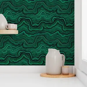 Spoonflower Green Stripes Lines Drawing Pen And Ink Malachite Custom Pre-pasted Wallpaper - Green,blue