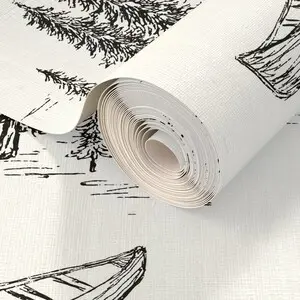 Spoonflower Lake Life Toile In Black & White For Forest Theme 100% Natural Sisal Grasscloth Wallcovering - Black,white
