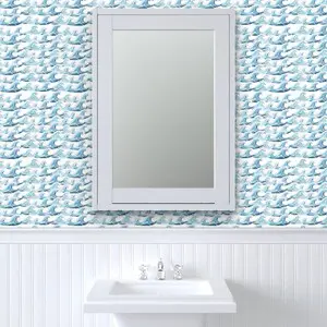 Spoonflower Vintage Blue Retro Beach Waves Tropical Woven Custom Pre-pasted Wallpaper - Blue,gray