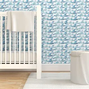 Spoonflower Vintage Blue Retro Beach Waves Tropical Woven Custom Pre-pasted Wallpaper - Blue,gray