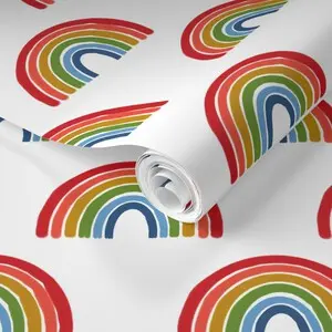 Spoonflower Bright Happy Nursery Primary Rainbow Rainbows Custom Pre-pasted Wallpaper - Green,brown,red
