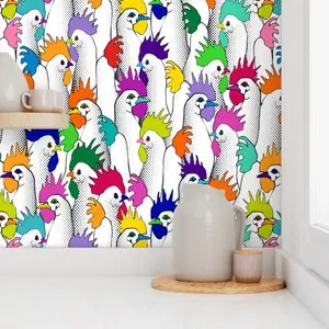 Spoonflower Chicken Chickens Pop Art Poultry Farm Custom Pre-pasted Wallpaper - Rainbow
