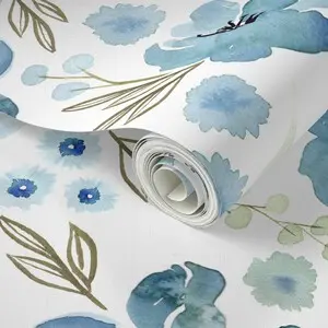Spoonflower Blue Floral Foliage Subtle Flora Watercolors Custom Pre-pasted Wallpaper - Blue,green