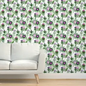 Spoonflower Flowers Large Watercolour Thistles Jumbo Custom Pre-pasted Wallpaper