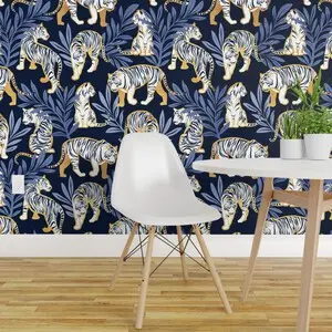 Spoonflower Maximalist Tiger Animalier Bold Graphic Blue Traditional Wallpaper