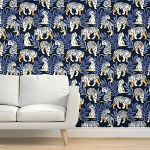 Spoonflower Maximalist Tiger Animalier Bold Graphic Blue Traditional Wallpaper