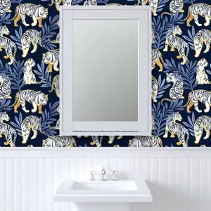 Spoonflower Maximalist Tiger Animalier Bold Graphic Blue Traditional Wallpaper